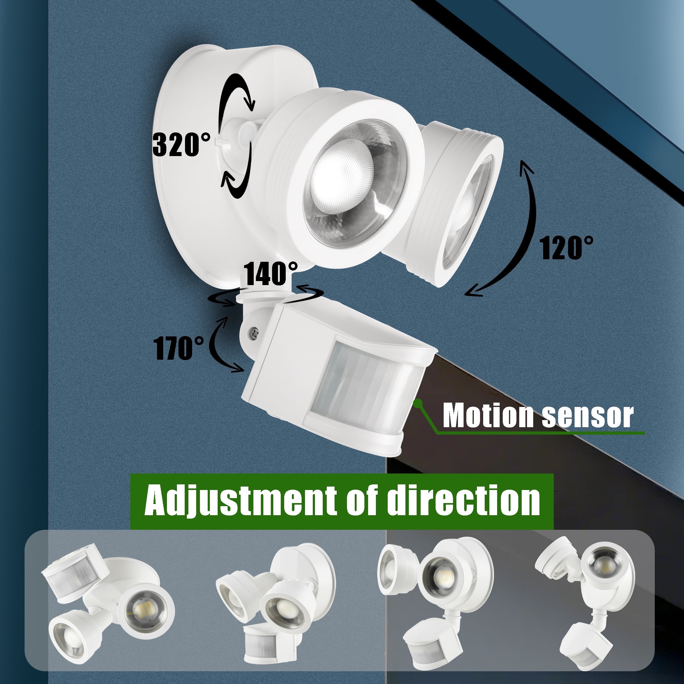 Outdoor LED Two-Head Security Flood Light, Motion Sensor, Adjustable ...