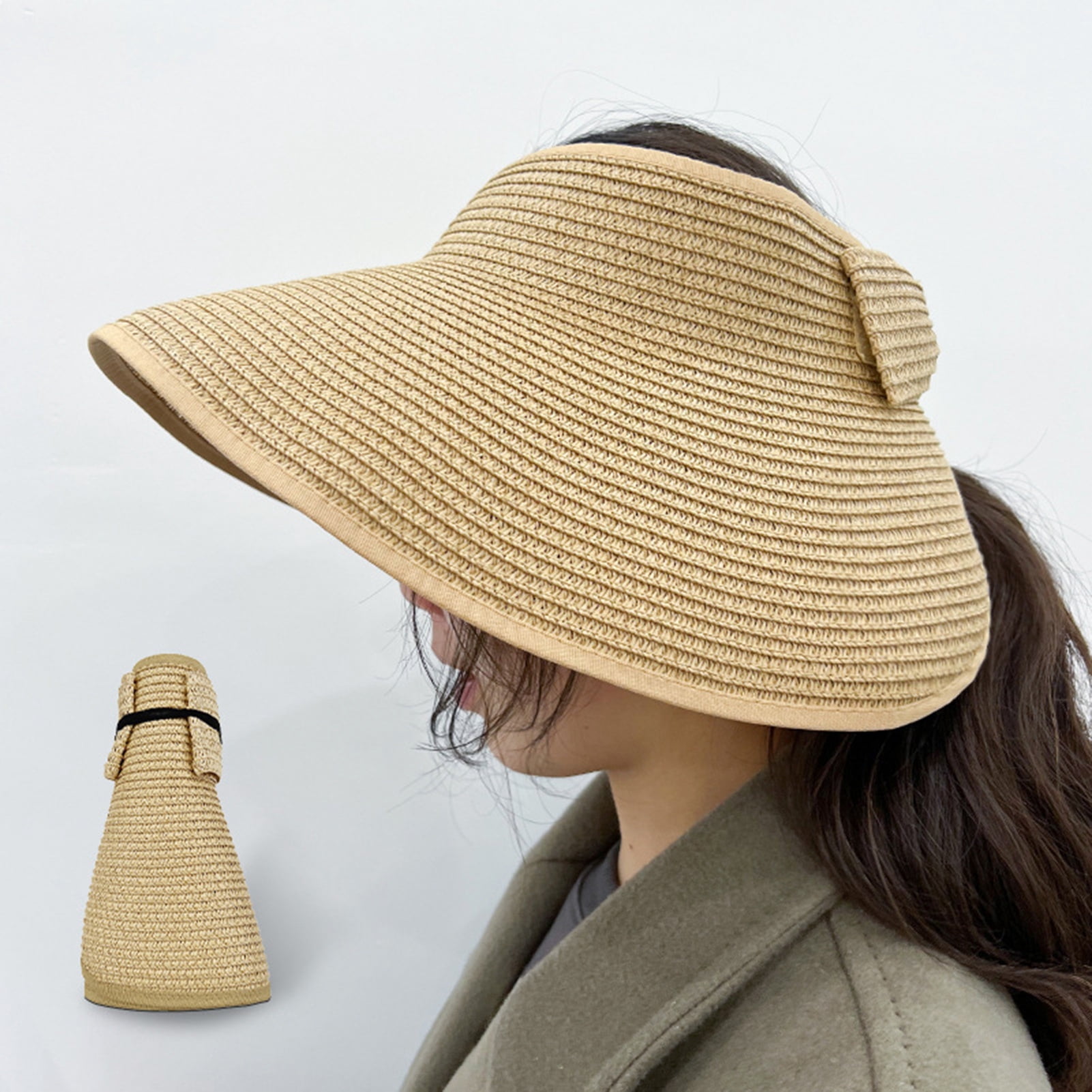 Outdoor Ladies Hat Empty Top Foldable Large Brim Bow Decor Sun ...