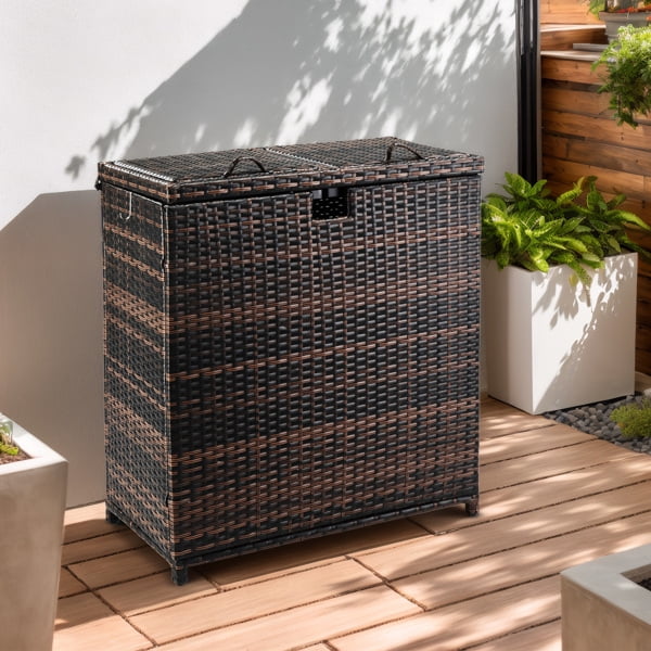 Outdoor Large Wicker Trash Bins, 72 Gallon Hideaway Rattan Trash Cans ...