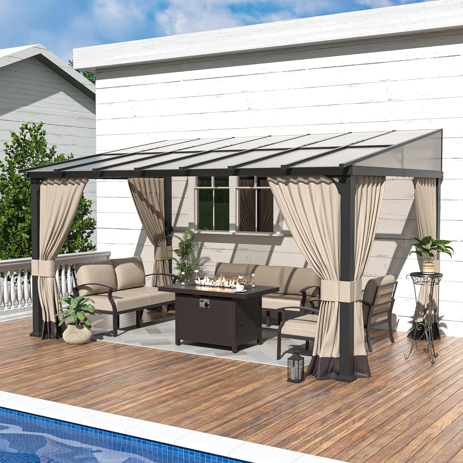 Outdoor Lean to Gazebo 10x14FT, Hardtop Wall Mounted Gazebo with ...