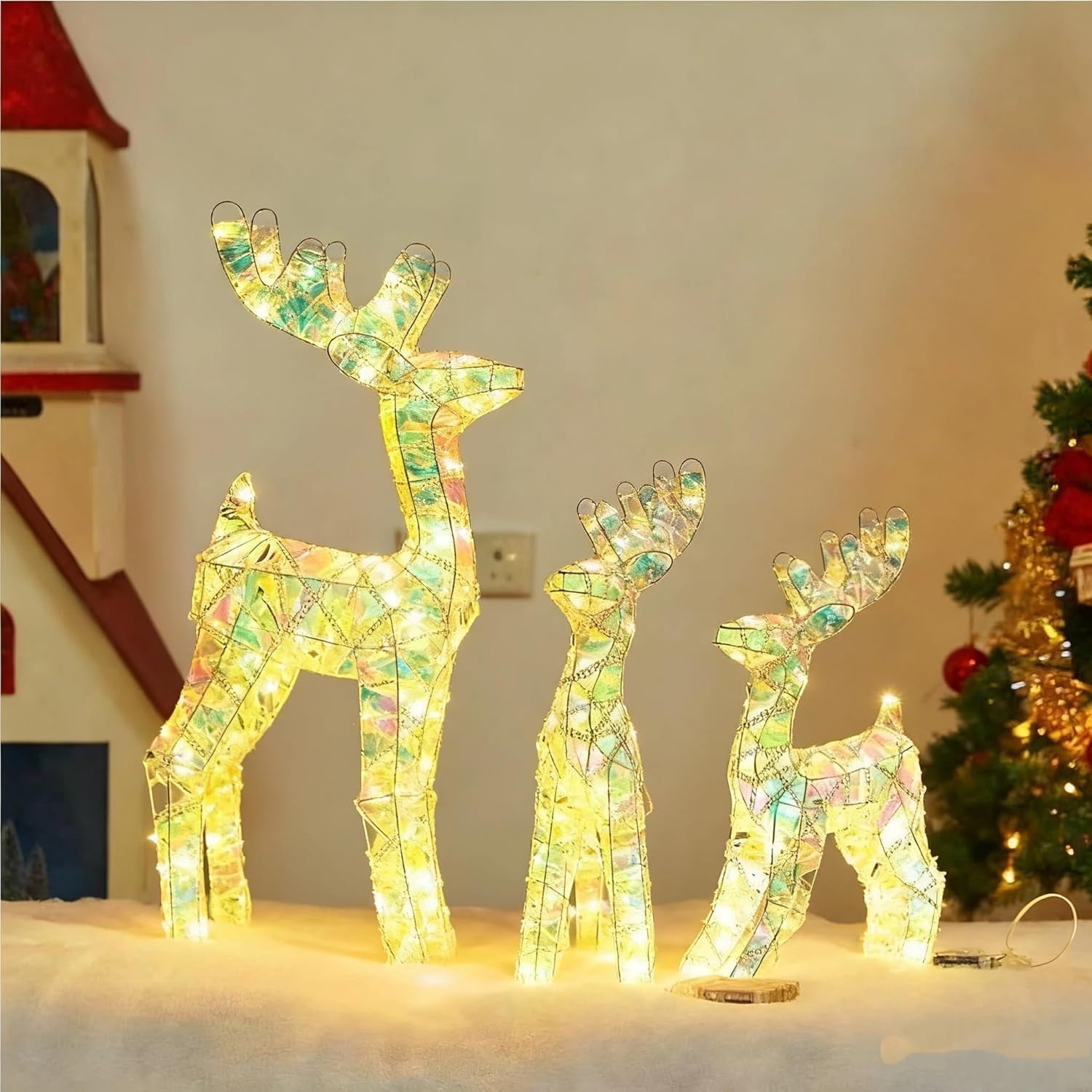 Outdoor Lighted Iridescent Christmas Reindeer Decor Set, LED Light-Up ...
