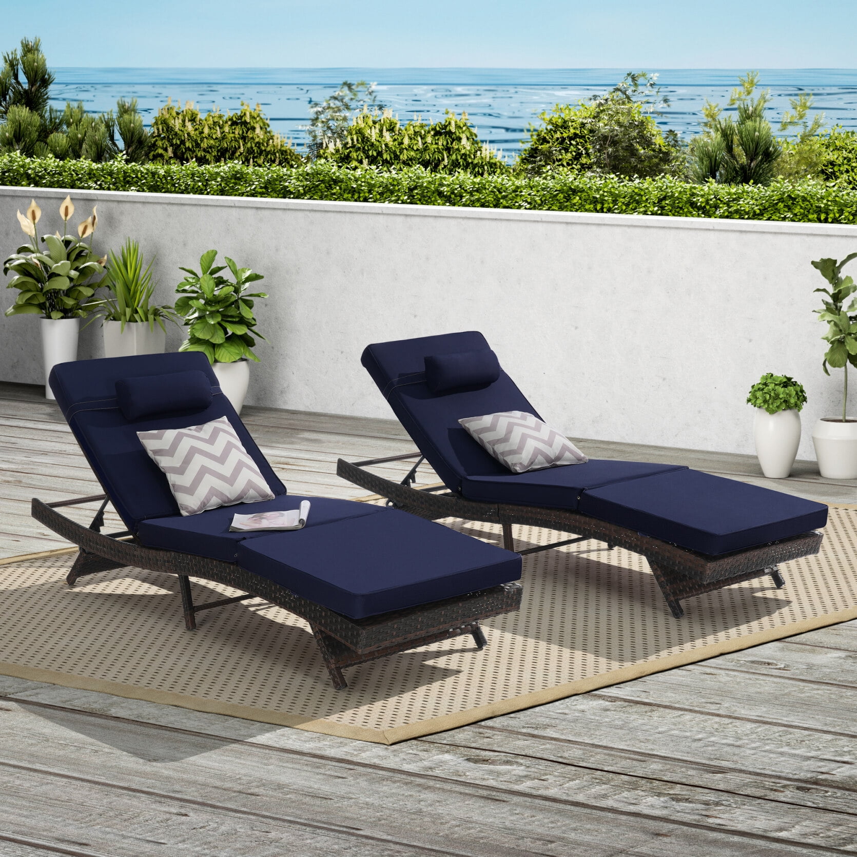 Outdoor Long Reclining Chair Set of 2, PE Wicker Chaise Lounge Chair ...