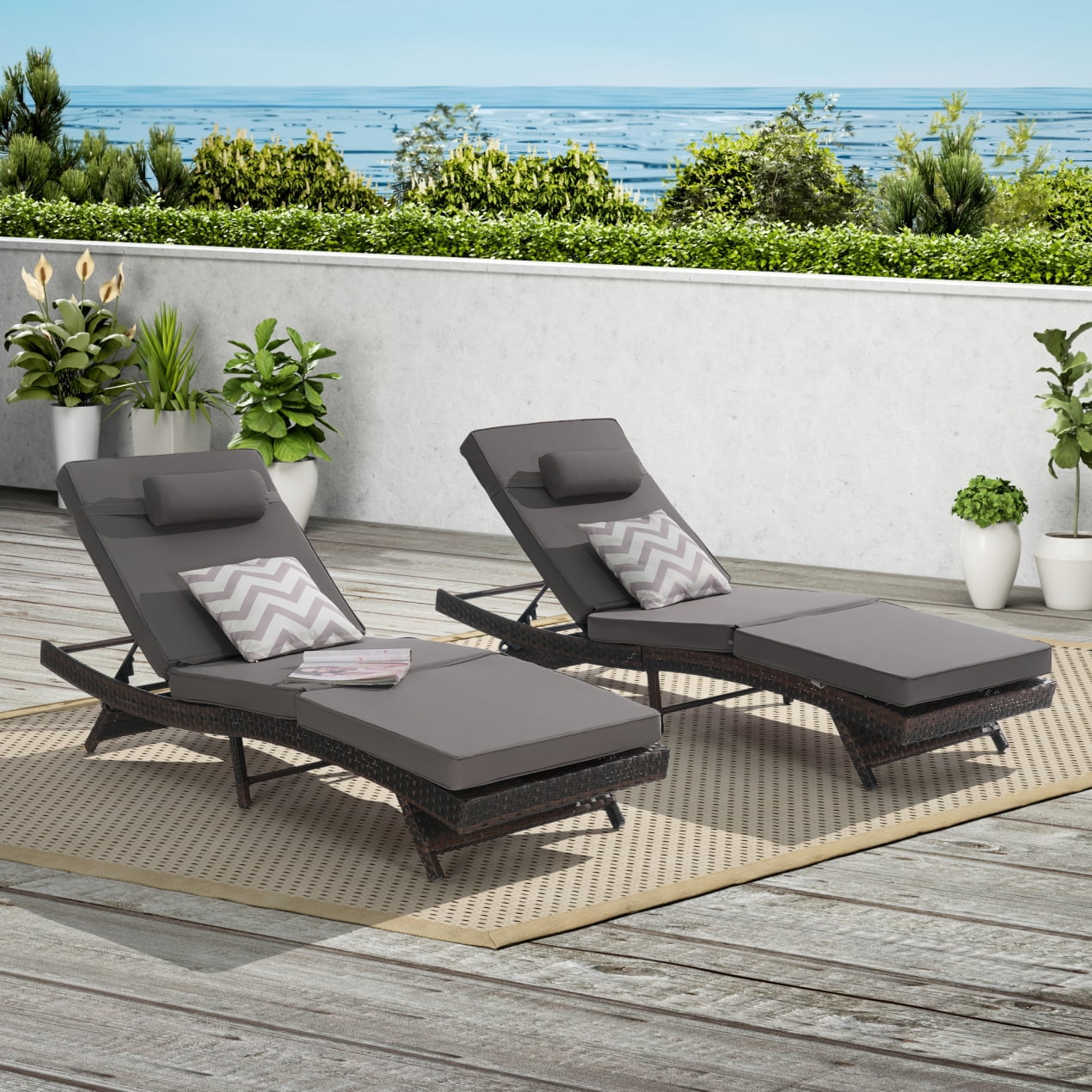 Outdoor Long Reclining Chair Set of 2, PE Wicker Chaise Lounge Chair ...