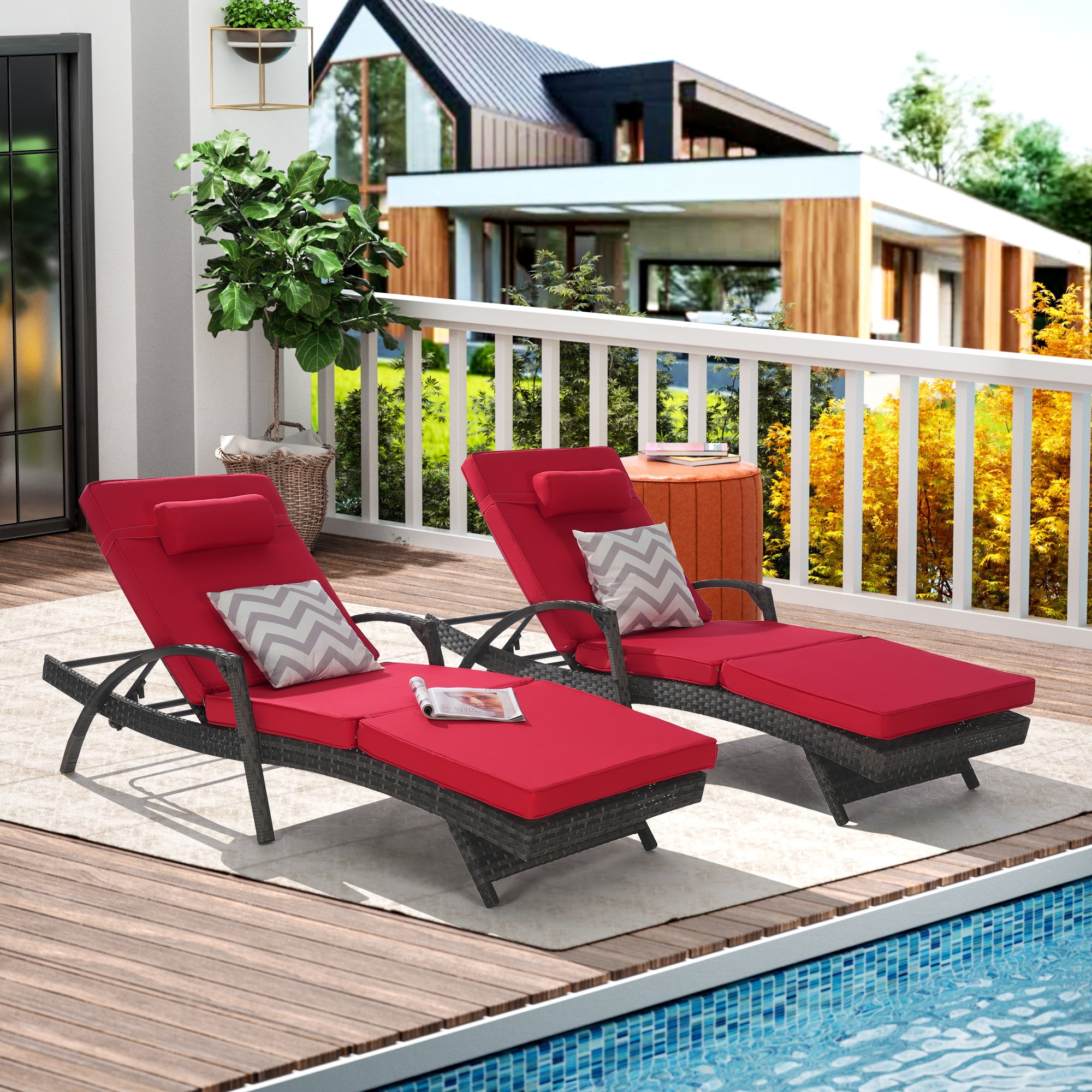 Outdoor Long Reclining Chair Set of 2,Wicker Lounge Chairs with Wicker ...