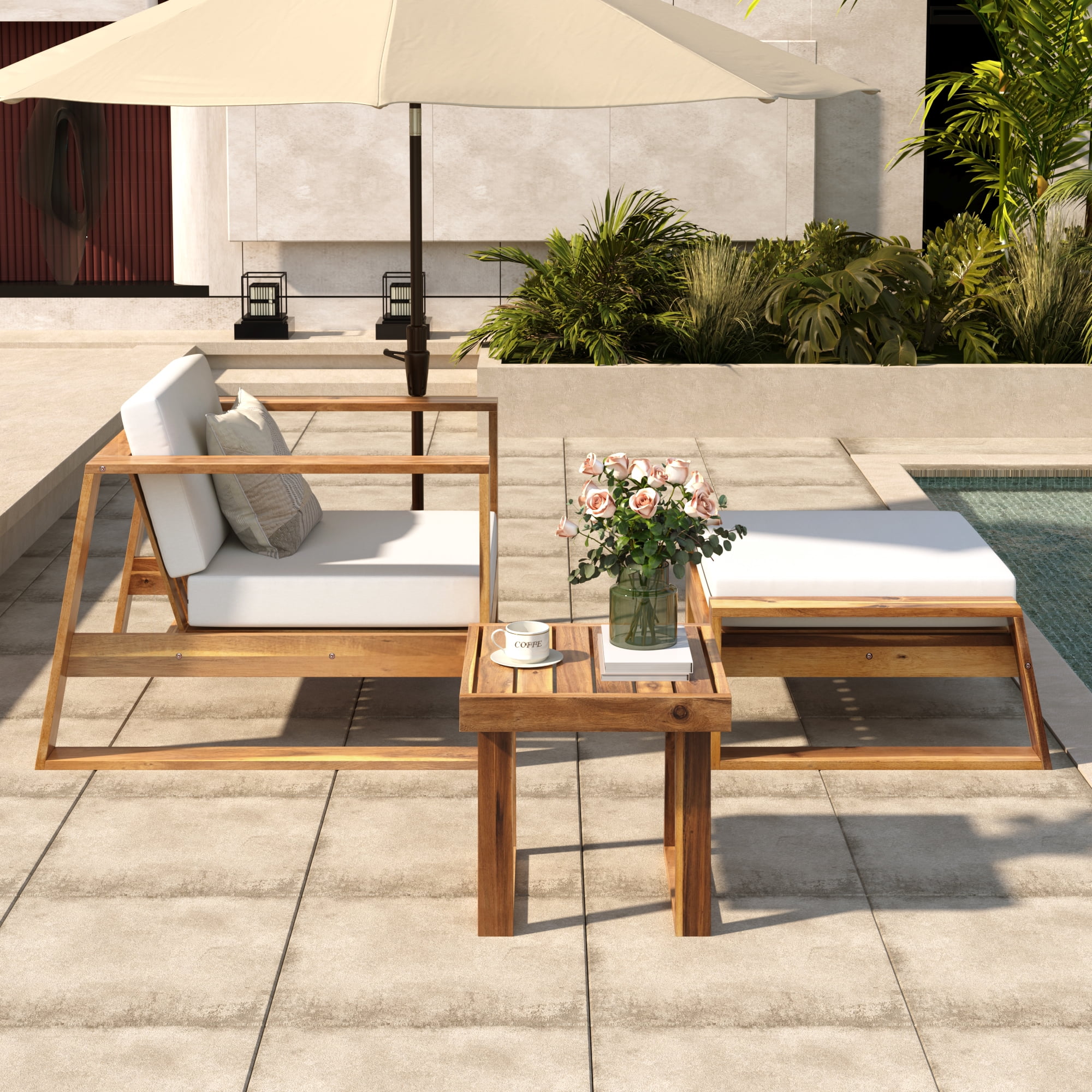 Outdoor Lounge Chair Set with Table And Ottoman, 3 Piece Outdoor Acacia ...