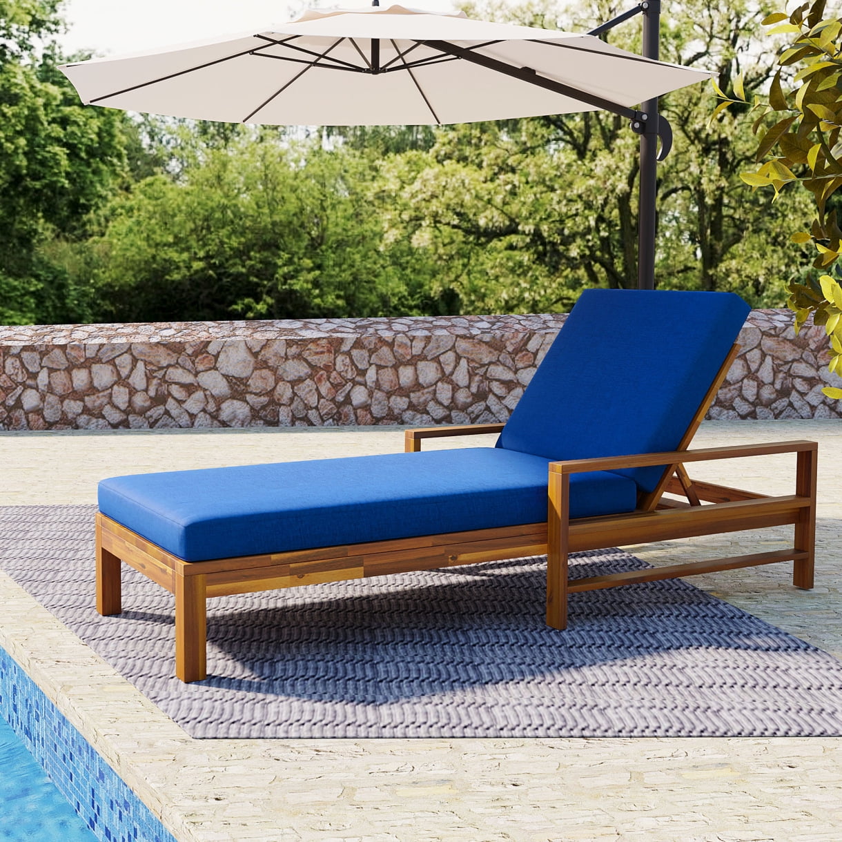 Outdoor Lounge Chair with Wood Adjustable Backrest, Reclining Pool ...