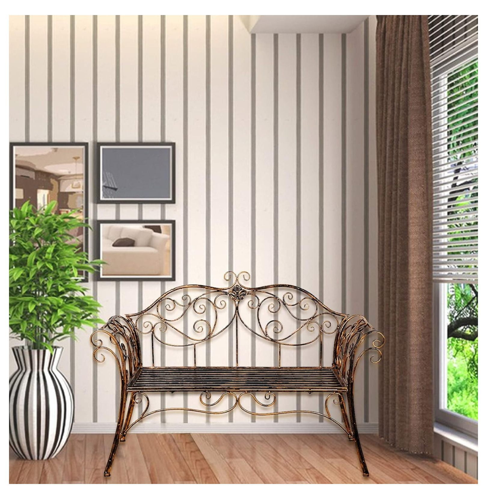 Outdoor Metal Bench High Back Armrest Double Seat Bench Line Design ...