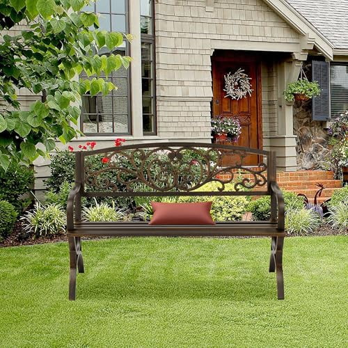Outdoor Metal Bench, Outdoor Garden Bench with Decorative Backrest ...