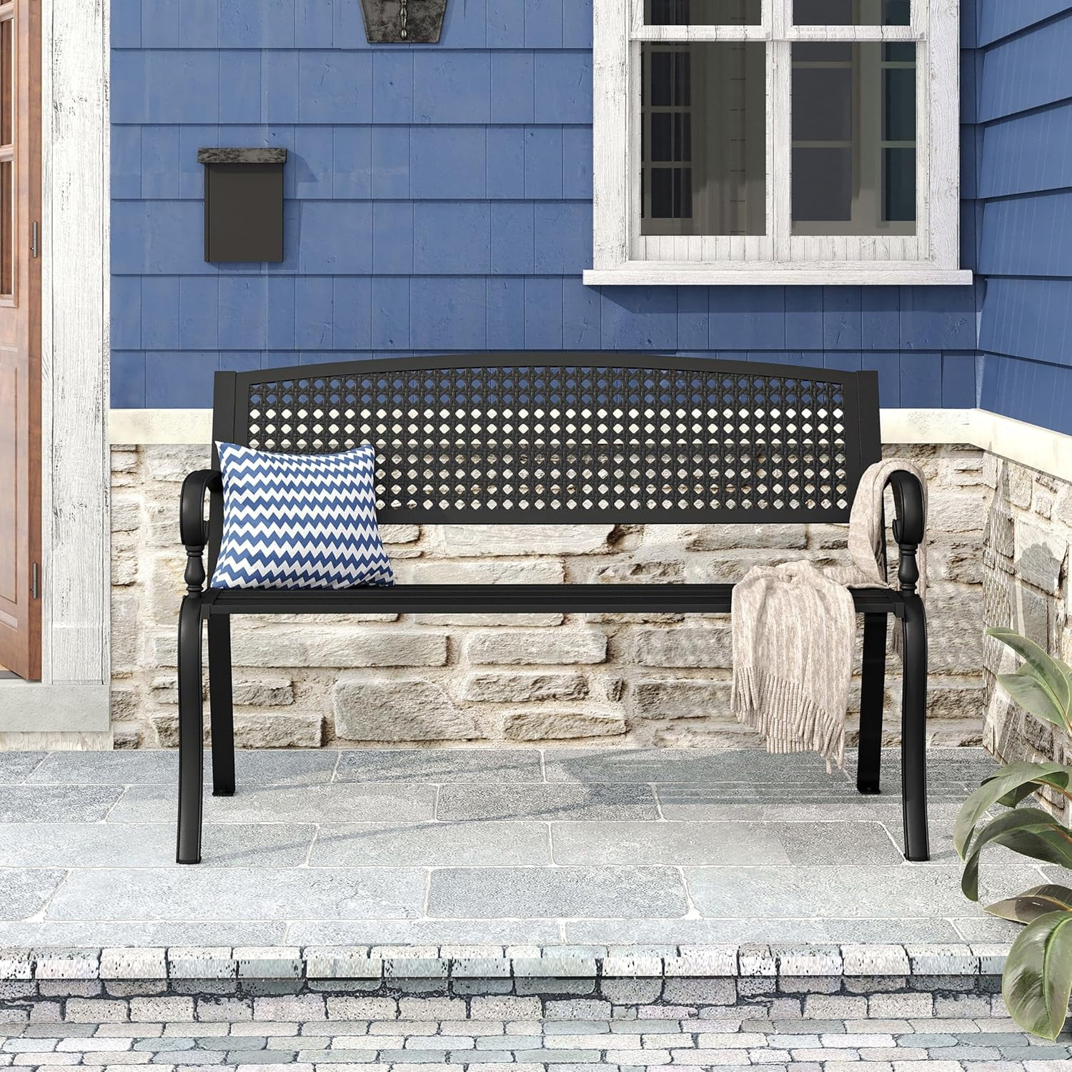 Outdoor Metal Bench with Back, Garden Bench Front Porch Bench with ...