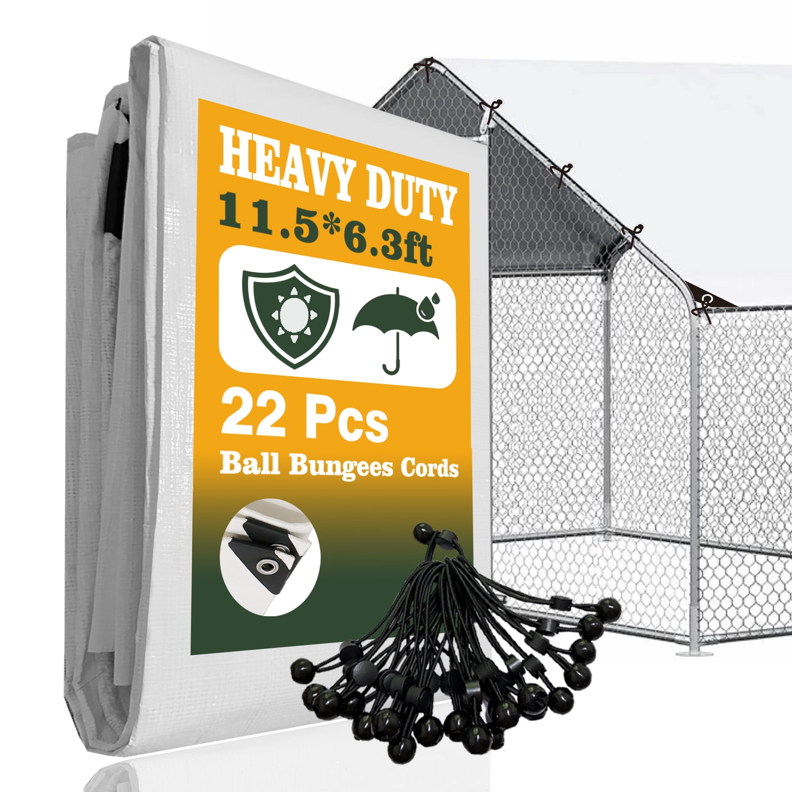 Outdoor Metal Chicken Coop Cover(11.5 x 6.3 ft) with 22 Ball Bungee ...