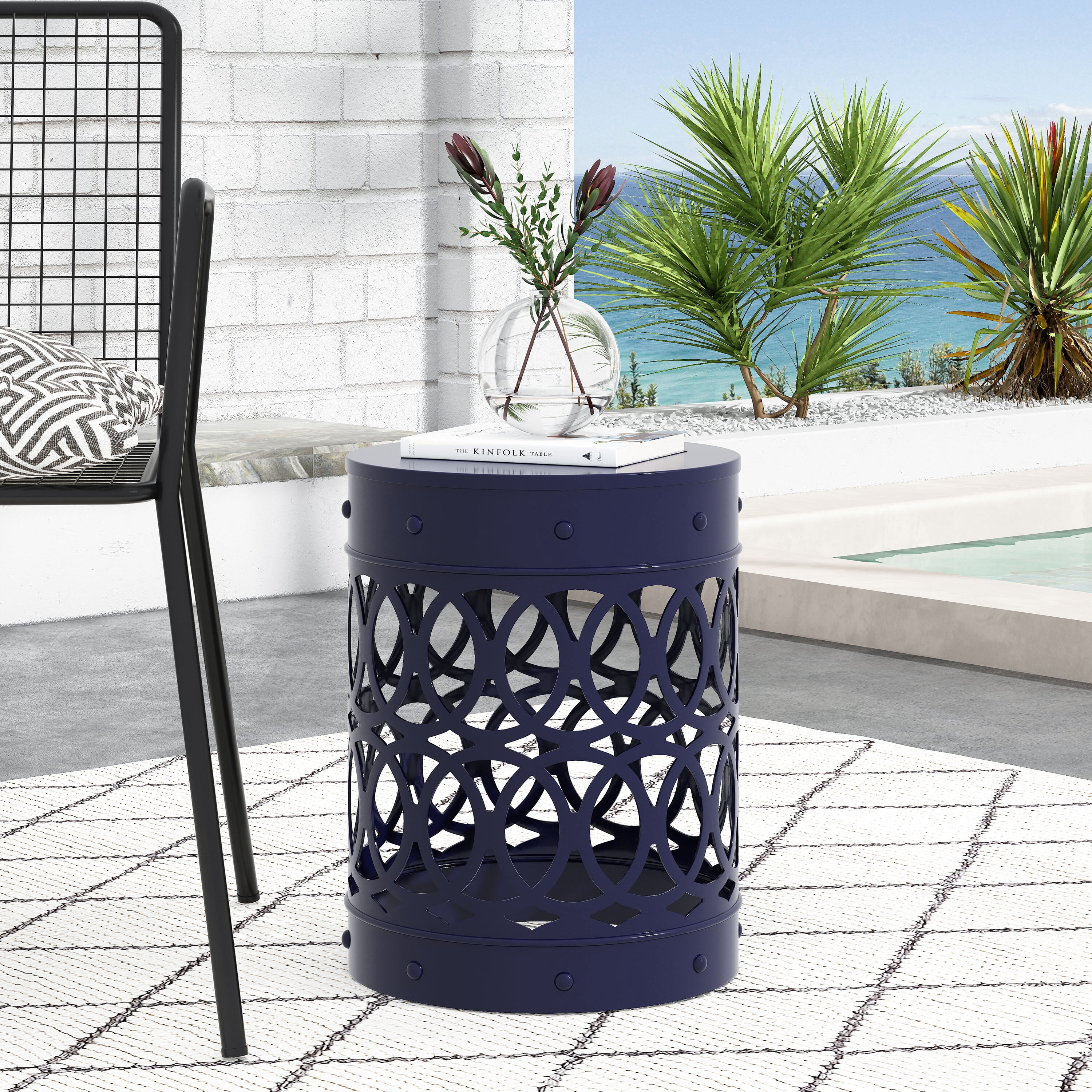 Outdoor Metal End Table-Large,Navy Blue Iron Garden Outdoor Patio ...