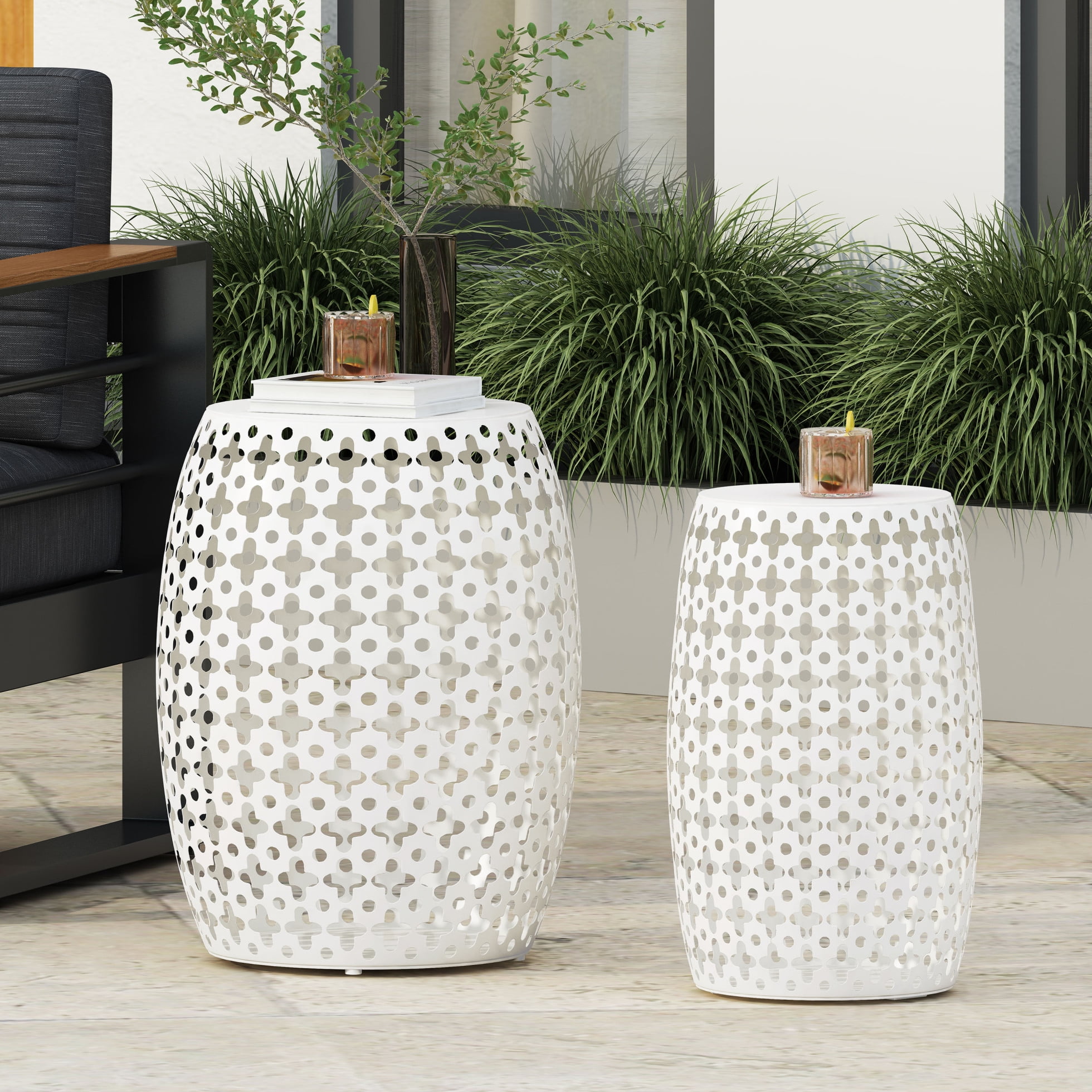 Outdoor Metal End Table Set of 2 White Rust-Resistant Iron Side Tables ...