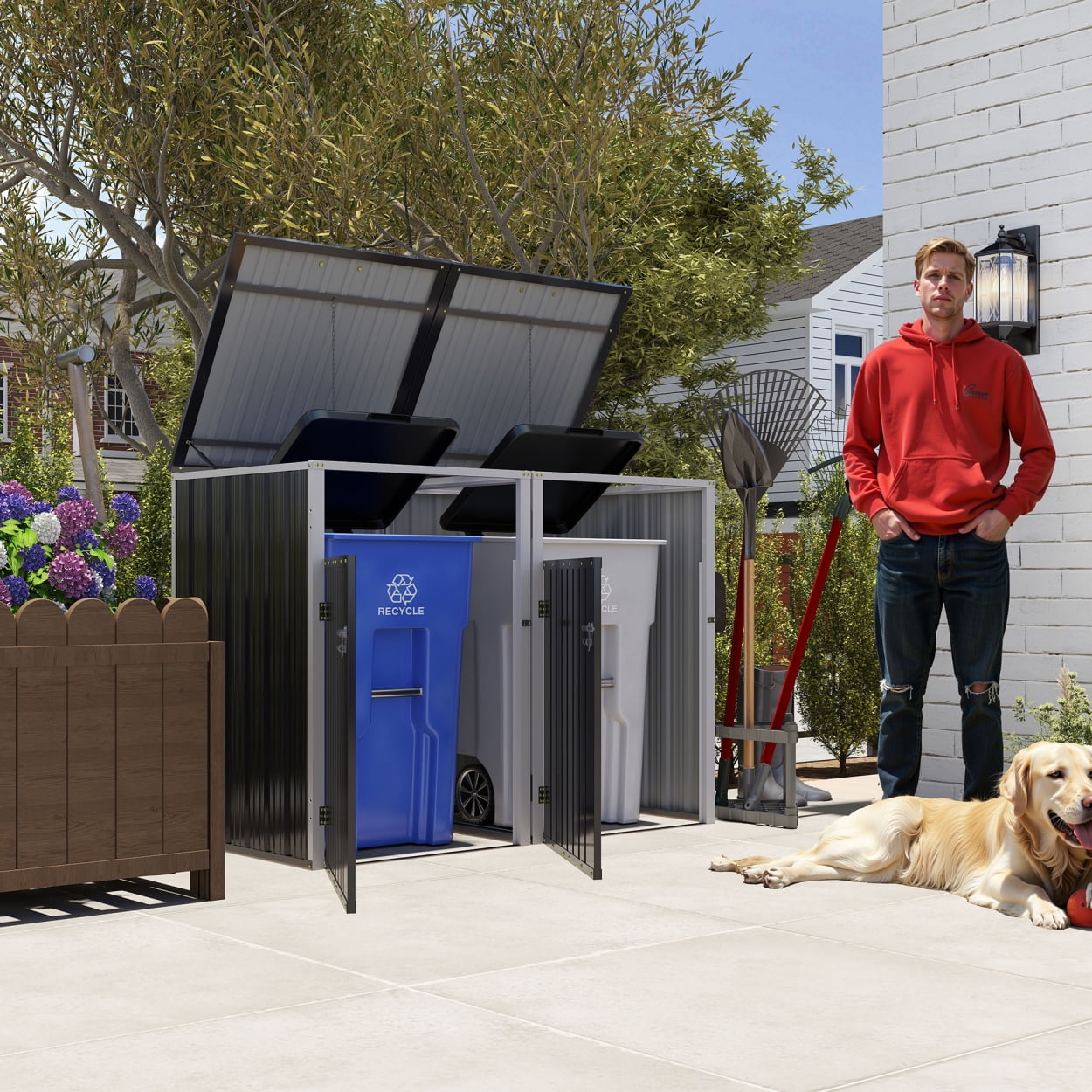 Outdoor Metal Garbage Bin Shed with Dual Chains,Trash Can Storage with ...