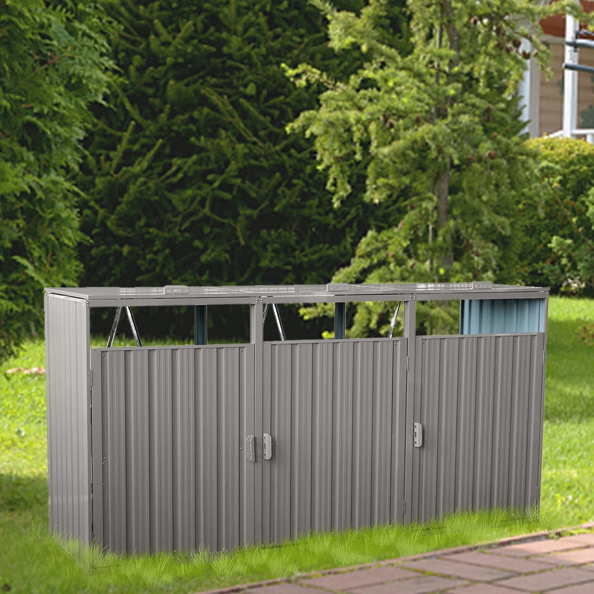 Outdoor Metal Garbage Bin Shed, Lockable Waterproof Storage Shed for 3 ...
