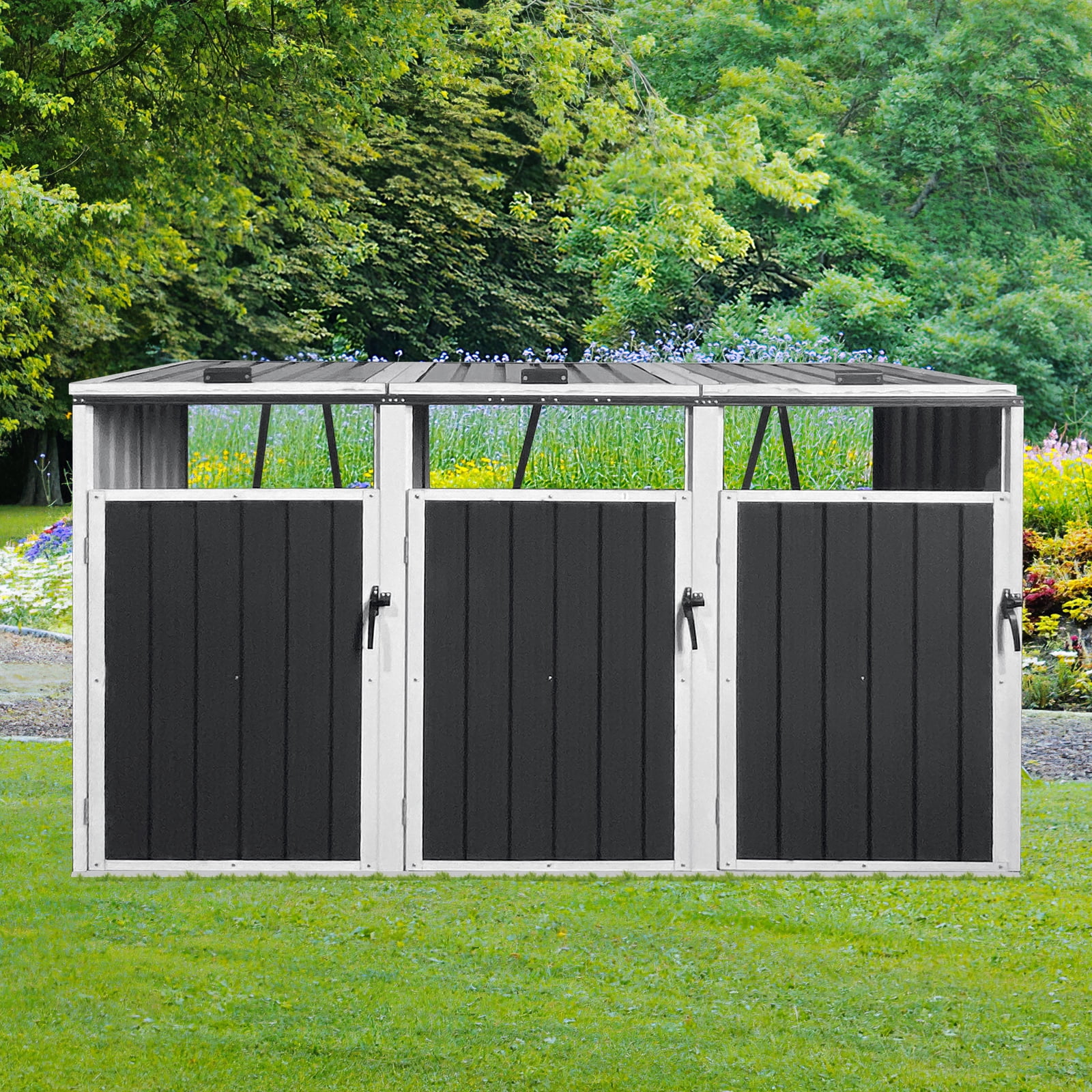 Outdoor Metal Garbage Bin Shed for 3 Trash Cans- Waterproof Steel ...