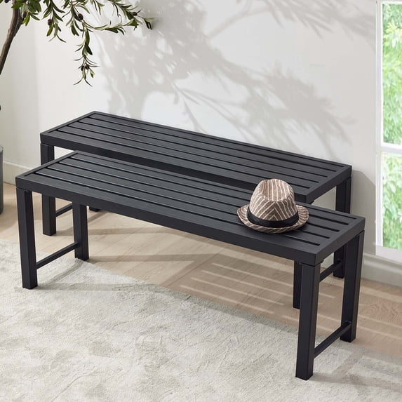 Outdoor Metal Garden Bench Set of 2, Patio Backless Bench, Weatherproof ...