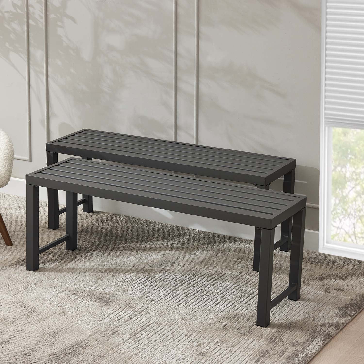 Outdoor Metal Garden Bench Set of 2, Patio Backless Bench, Weatherproof ...