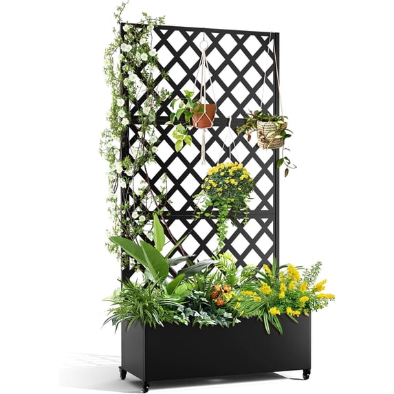Outdoor Metal Privacy Screen with Planter Box, Leaf Pattern Privacy ...