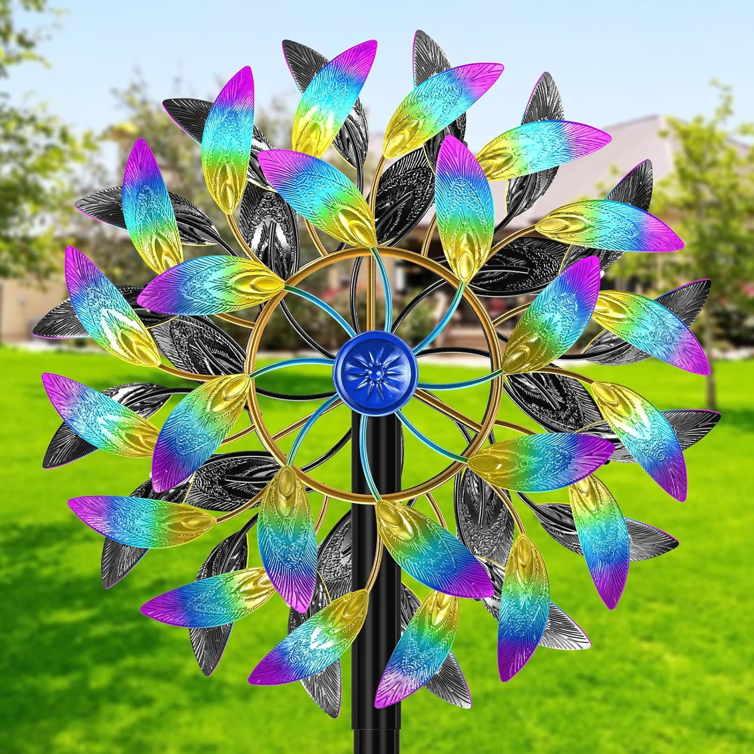 Outdoor Metal Wind Spinner, 2-Way Kinetic Wind Sculpture with Stake ...