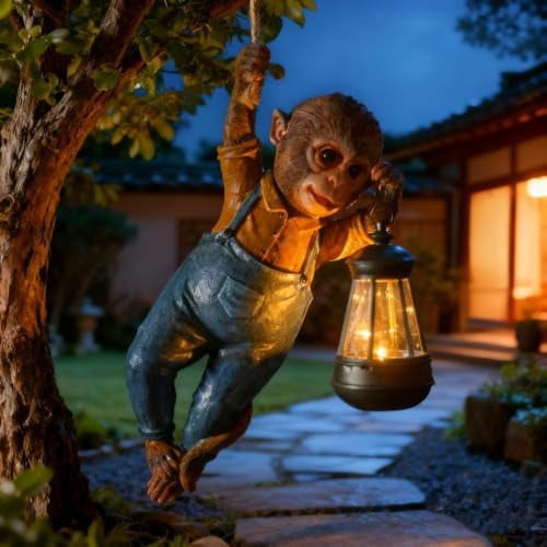 Outdoor Monkey Sculpture Hanging Monkey Garden Statue with Solar ...