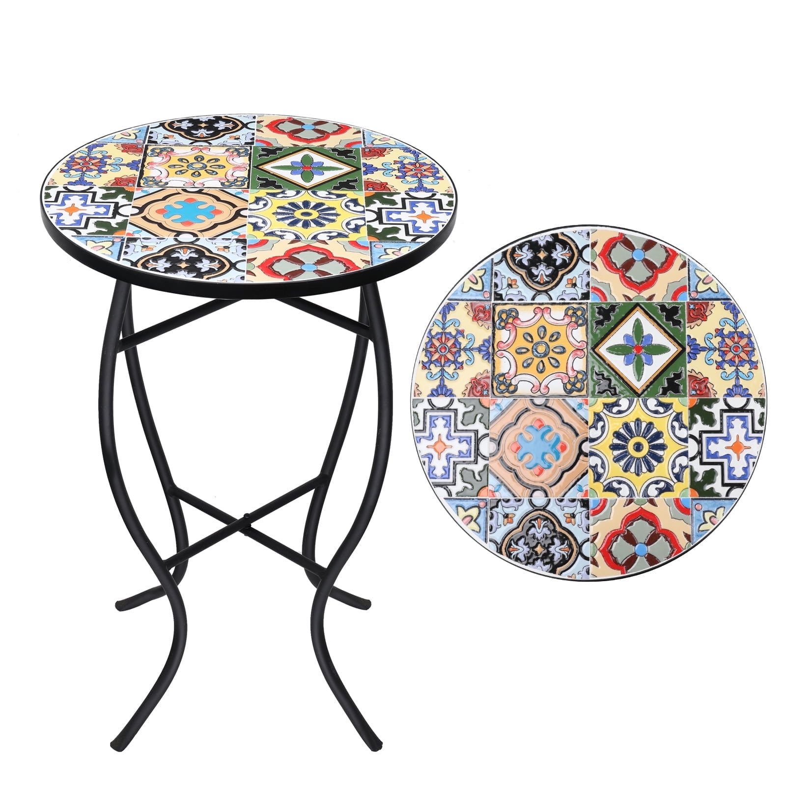Outdoor Mosaic Patio Side Table Small Round Patio Accent Printed Glass ...