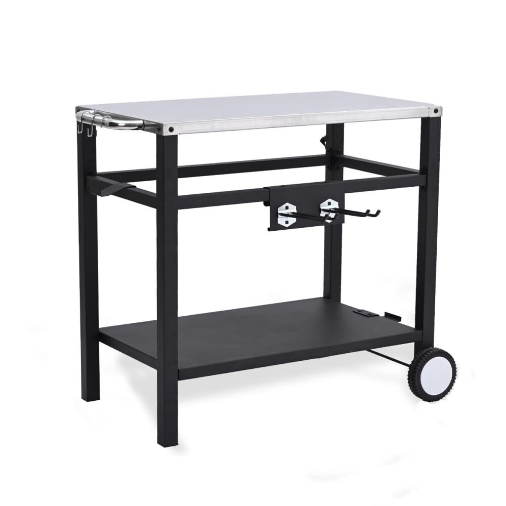 Outdoor Movable Grill Cart with Wheels & 4 Hooks, 2 Tier BBQ Prep Table ...