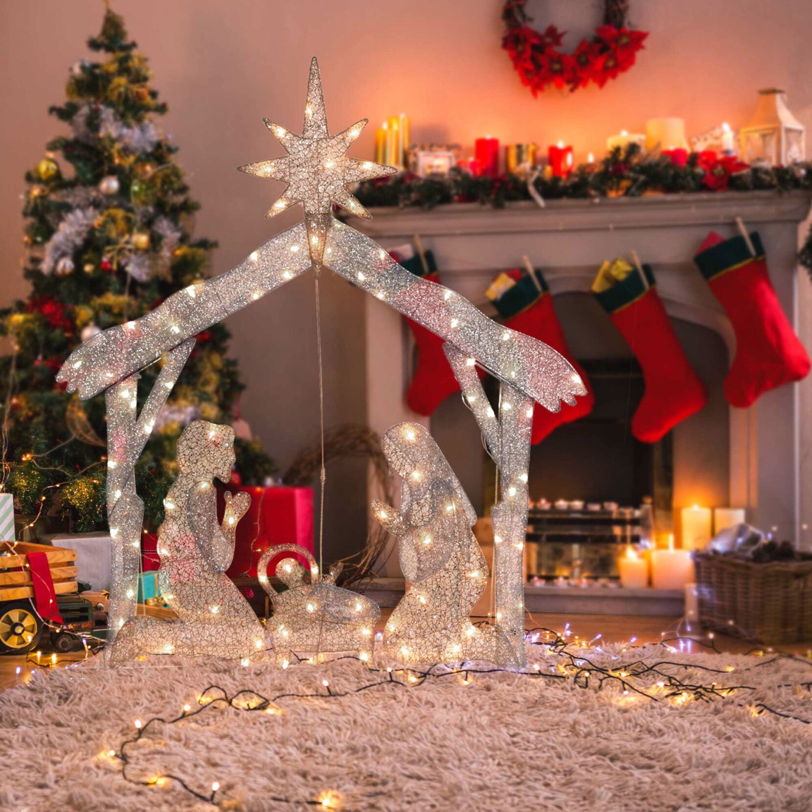 Outdoor Nativity Set,Mini White Led Lights and Ground Stakes Crystal ...