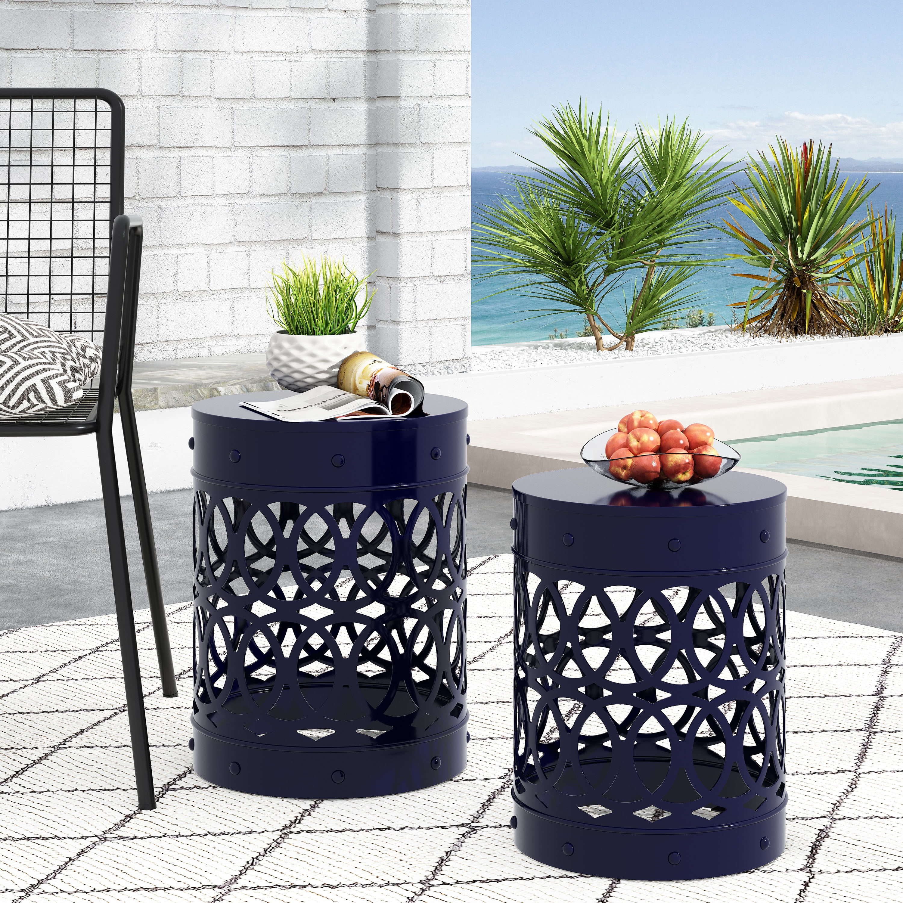 Outdoor Nesting Side Table Set of 2, Cylindrical Hollow Out Iron ...