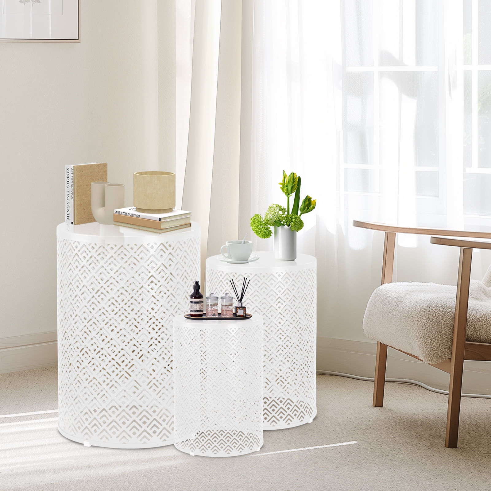 Outdoor Nesting Side Table Set of 3, Round Patio Accent Table, Metal ...