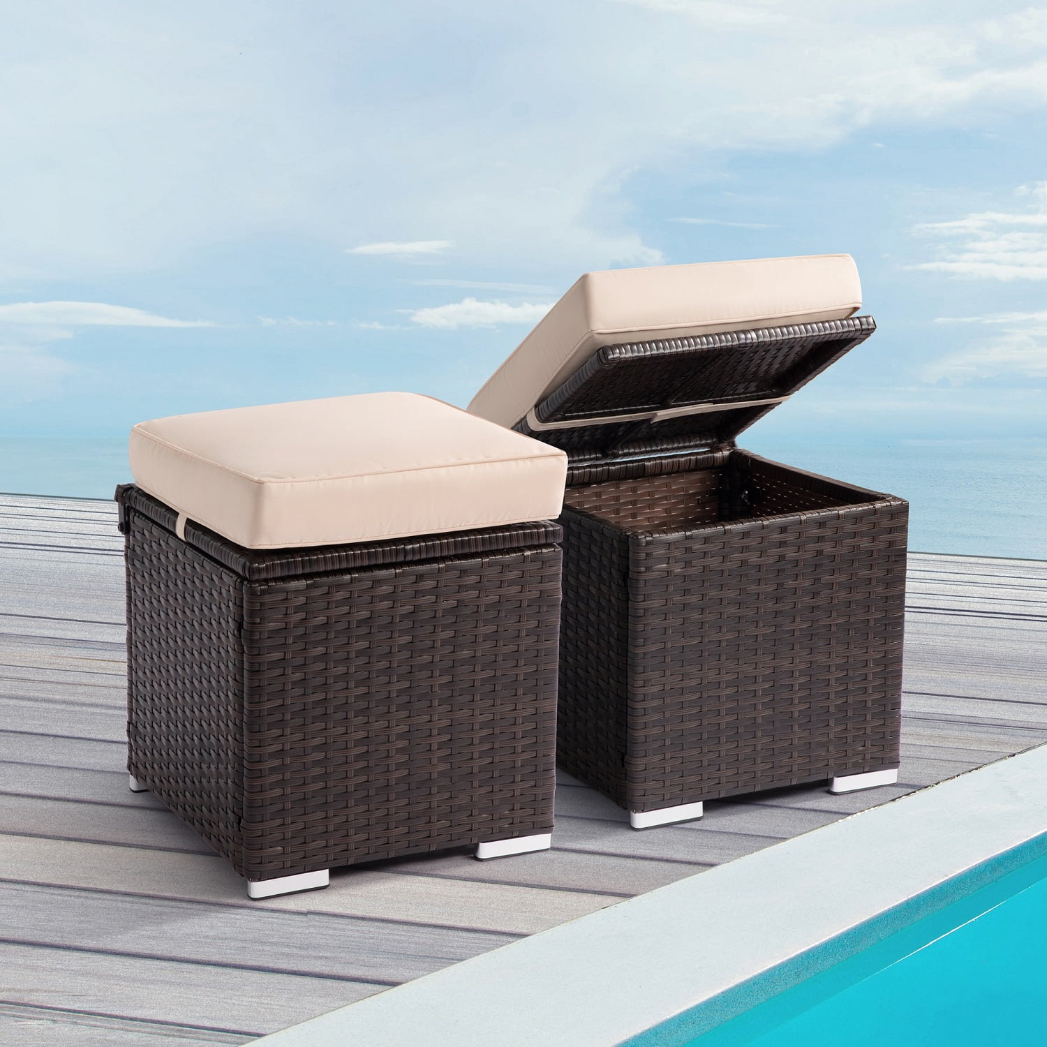 Wicker Rattan Outdoor Ottoman Set of 2 with Storage, Extra Thick ...
