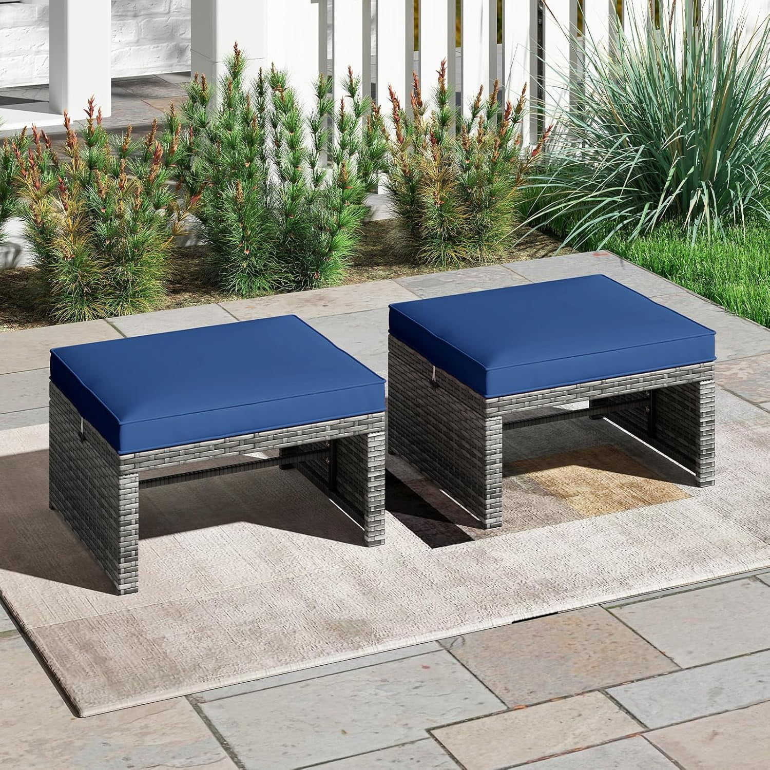 Outdoor Ottoman, Set of 2 Patio Wicker Footstools, All-Weather Rattan ...