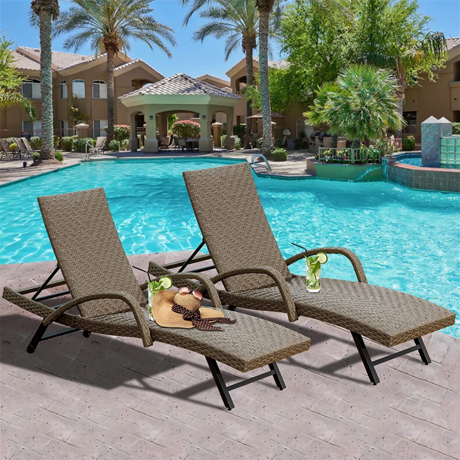 Outdoor PE Rattan Chaise Lounge without Arm, Pool Chair with 3 Position ...