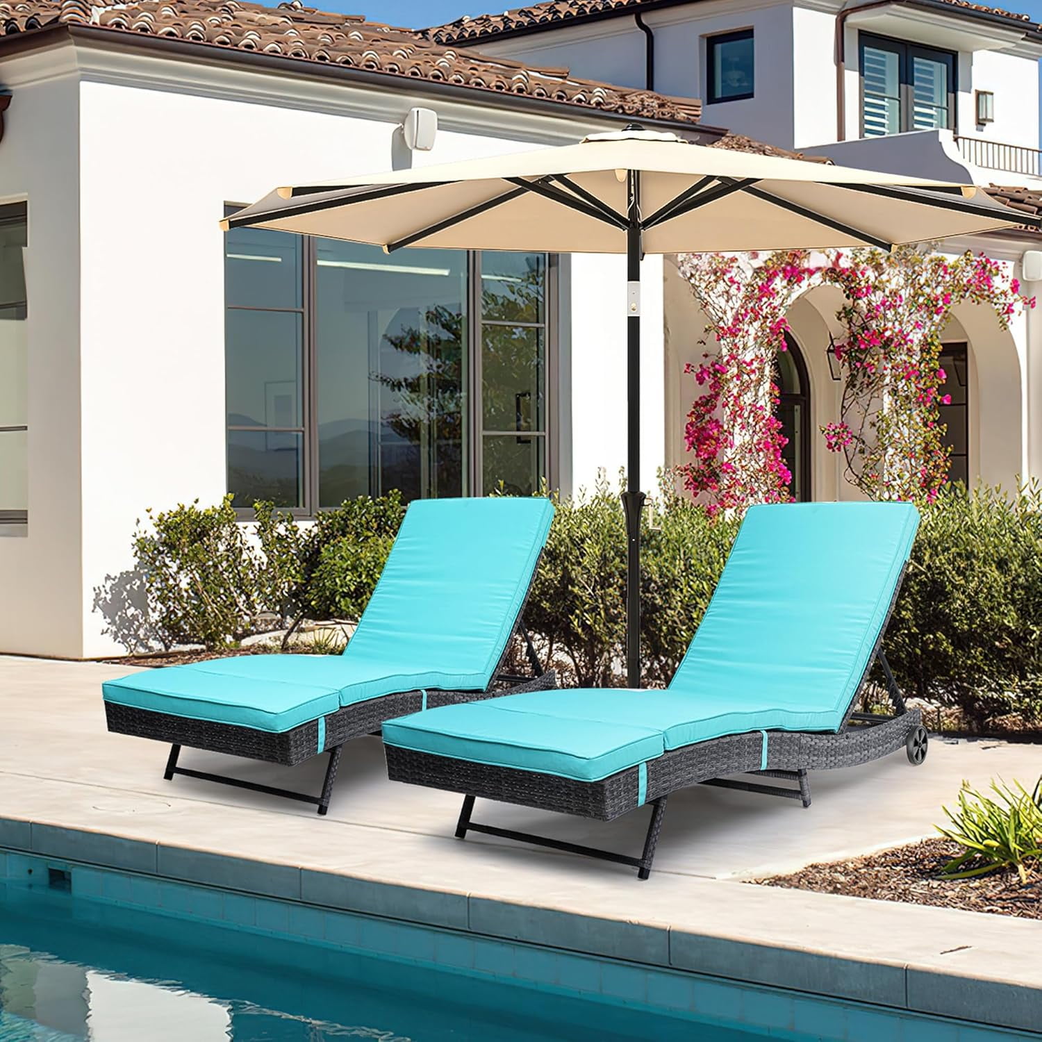 Outdoor PE Rattan Pool Lounge Chair Set of 4 with Adjustable Backrest ...