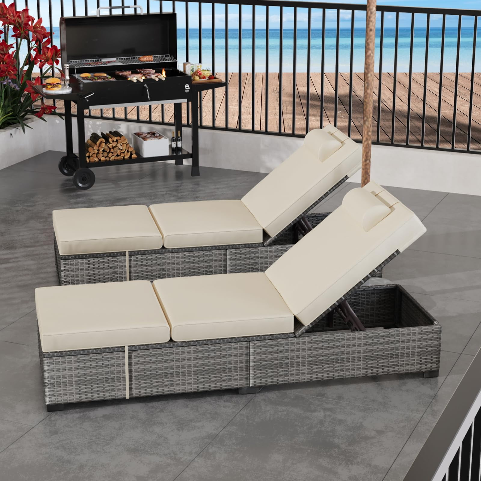 Outdoor PE Wicker Chaise Lounge Chairs Set of 2 Patio Lounge Chairs ...