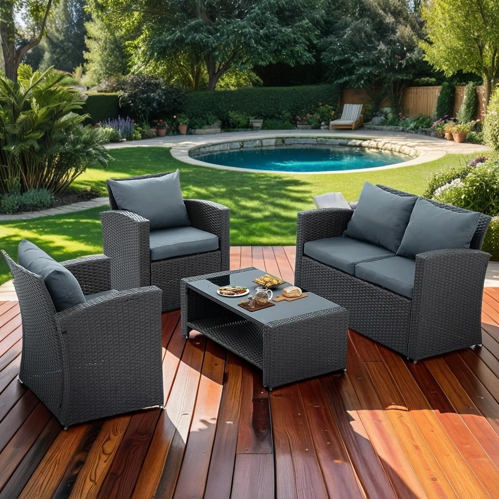 Outdoor PE Wicker Patio Furniture Set, 4 Pieces Patio Conversation Set ...