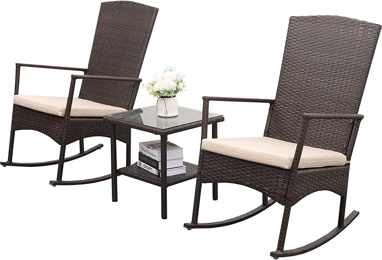 Outdoor PE Wicker Rocking Chair 3-Piece Patio Rattan Bistro Set 2 ...