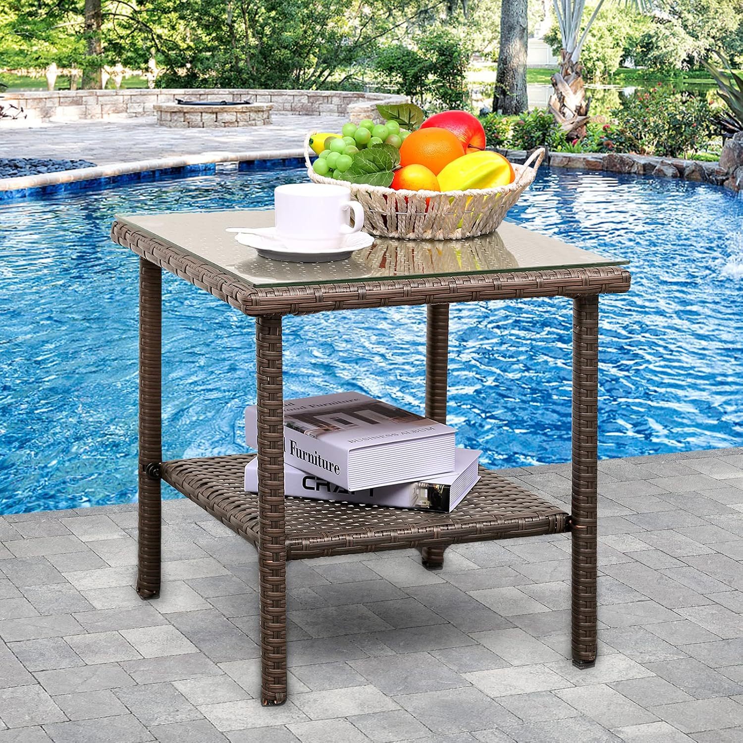 Outdoor PE Wicker Side Table - Patio Rattan Garden Coffee End Square ...