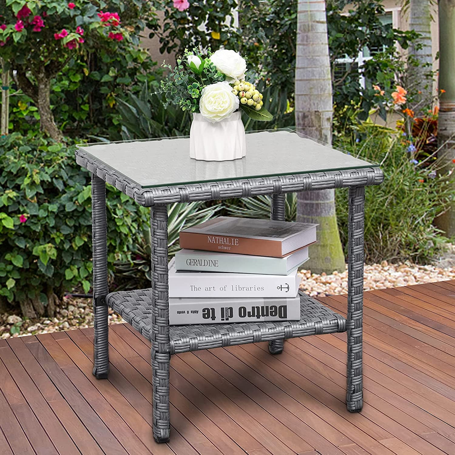 Outdoor PE Wicker Side Table - Patio Rattan Garden Coffee End Square ...