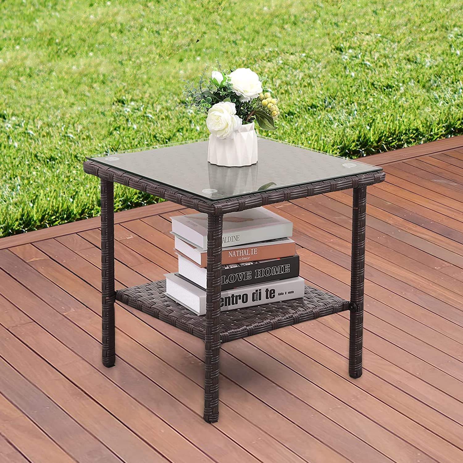 Outdoor PE Wicker Side Table - Patio Rattan Garden Coffee End Square ...