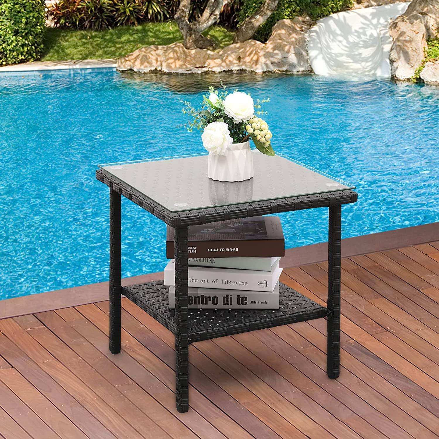 Outdoor PE Wicker Side Table - Patio Rattan Garden Coffee End Square ...
