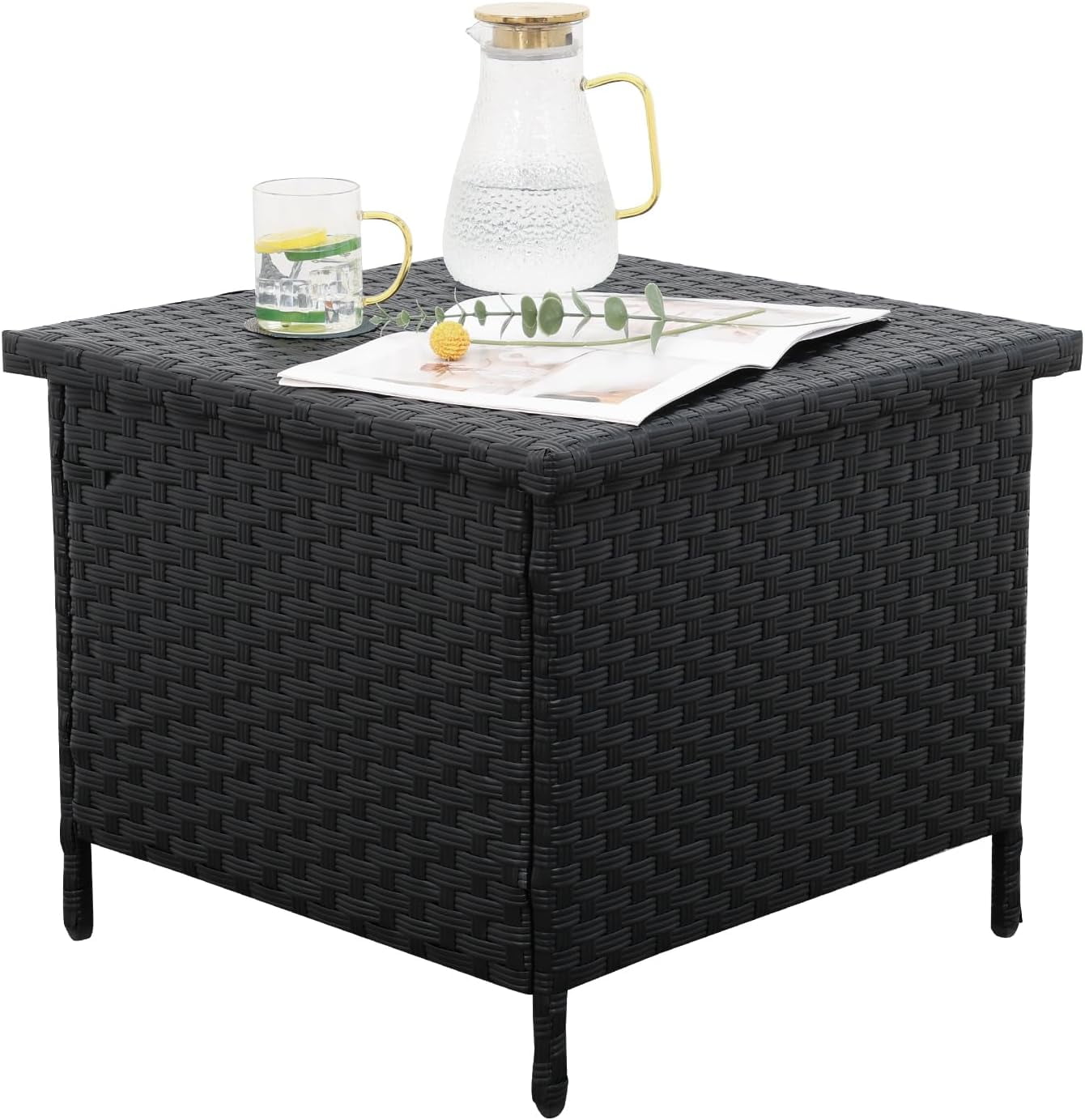 Outdoor PE Wicker Side Table with Storage Patio End Table Resin Rattan ...