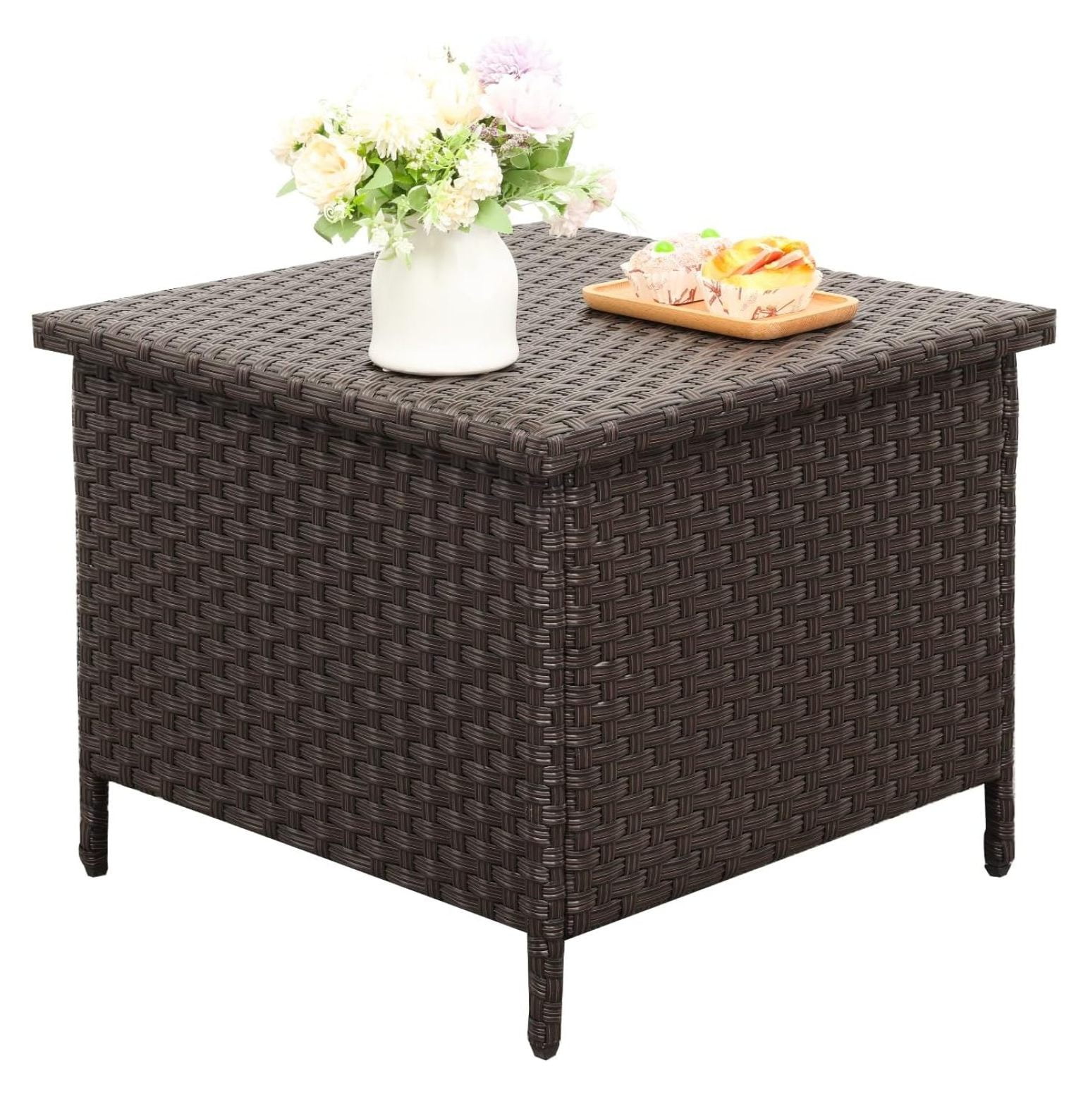 Outdoor PE Wicker Side Table with Storage Patio End Table Resin Rattan ...