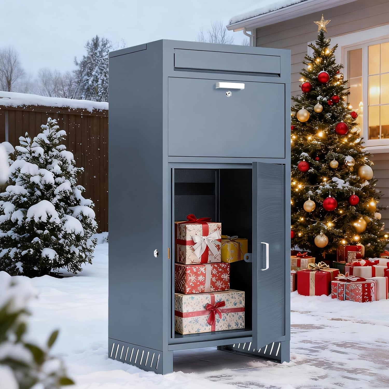 Outdoor Package Delivery Box with Wooden Door, Pre-Assembled Lockable ...