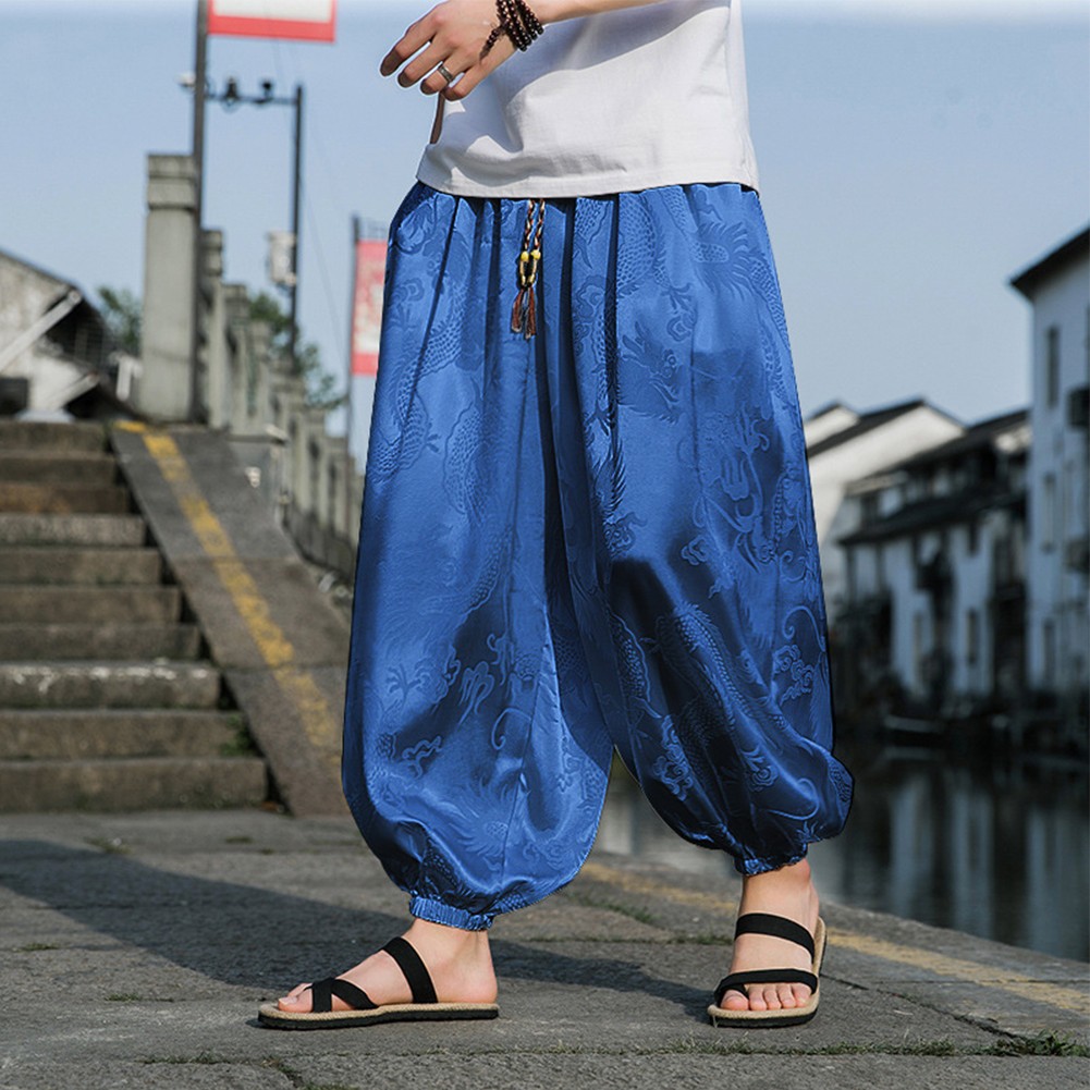 Outdoor Pants Men Ice Silk Dark Flower Loose Bloomers Wide Leg Casual ...
