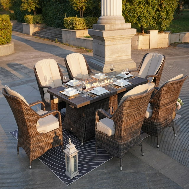 Outdoor Patio 7-Piece Gas Fire Pit Table Set with Rattan Chair, 6-Seat ...
