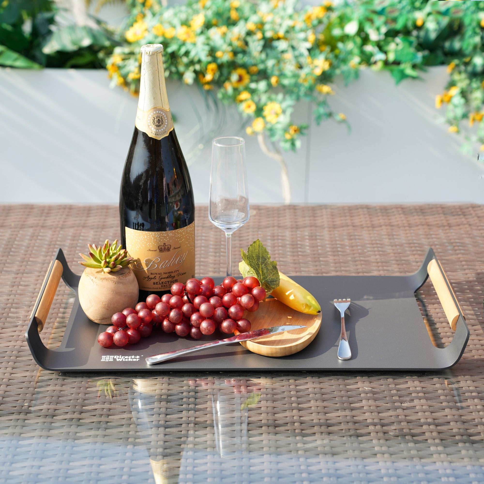 Outdoor Patio Aluminum Tray, Grey Powder-Coated with Teak Handle ...