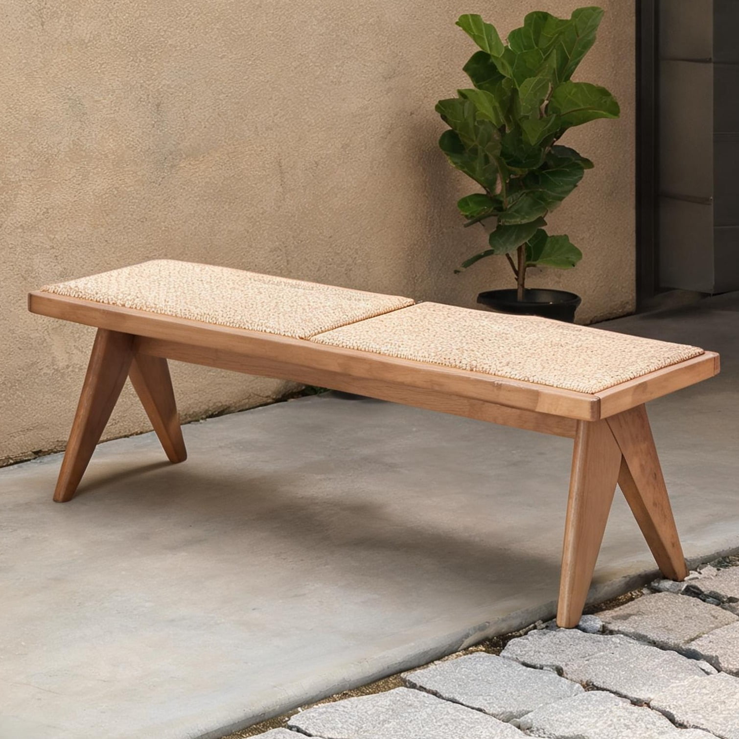 Outdoor Patio Bench in Natural Rattan with Mid-Century Flair, 51-Inch ...