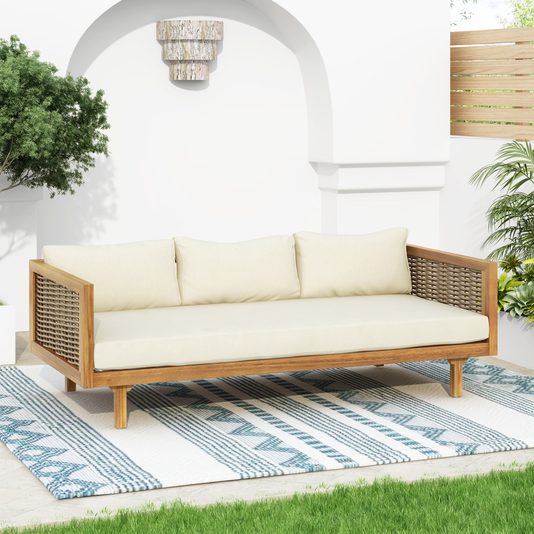 Outdoor Patio Couch, 3 Seater Solid Wood Patio Sofa with Water ...