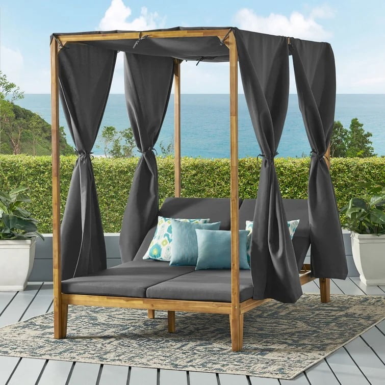 Outdoor Patio Daybed, Adjustable Wooden Sunbed with Curtains & Cushion ...