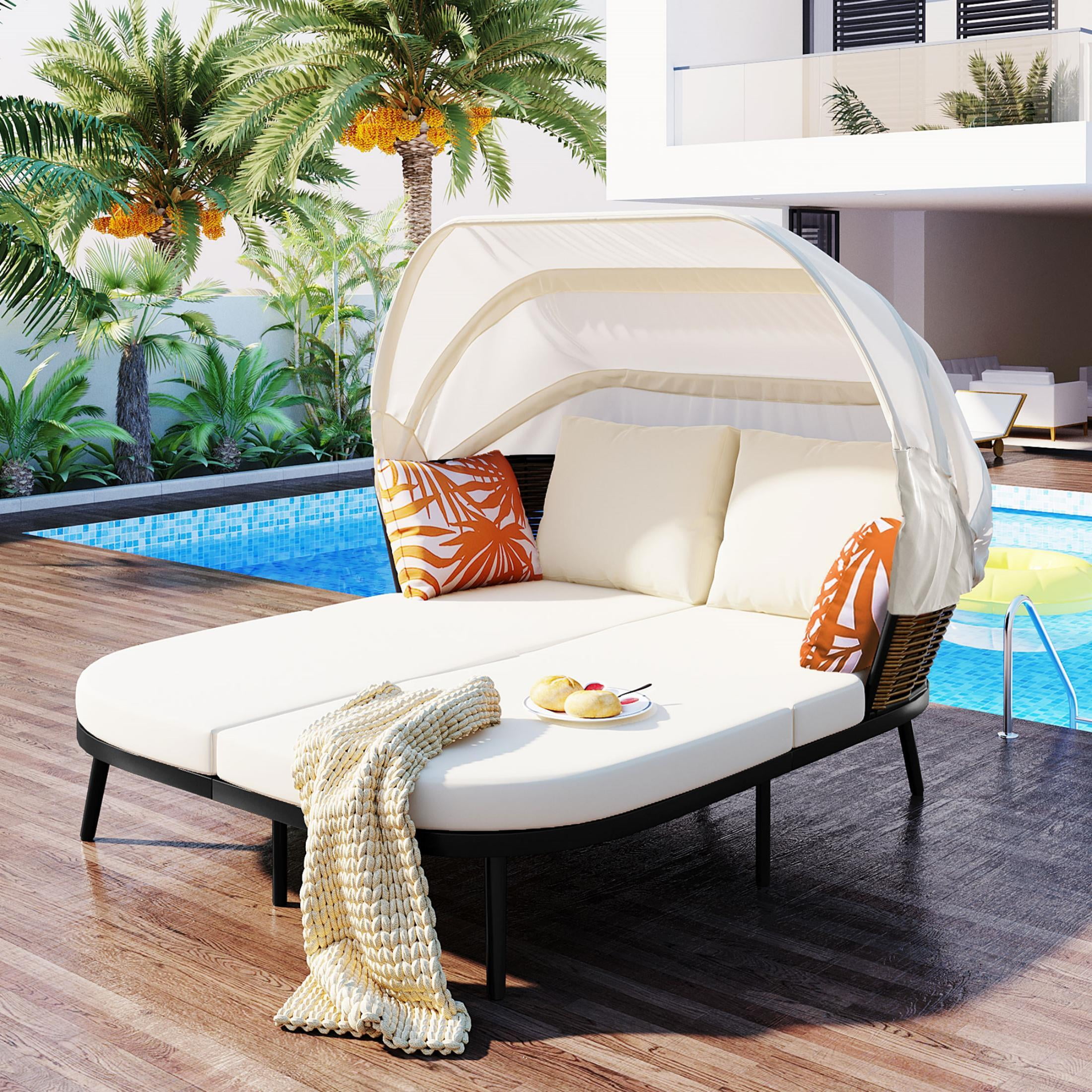 Outdoor Patio Daybed with Retractable Canopy, Sunbed Patio Bed Lounger ...